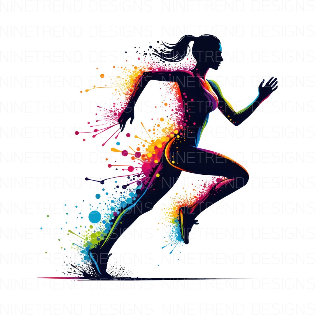 Silhouette Woman Running Marathon PNG, Silhouette Splash Watercolor ...