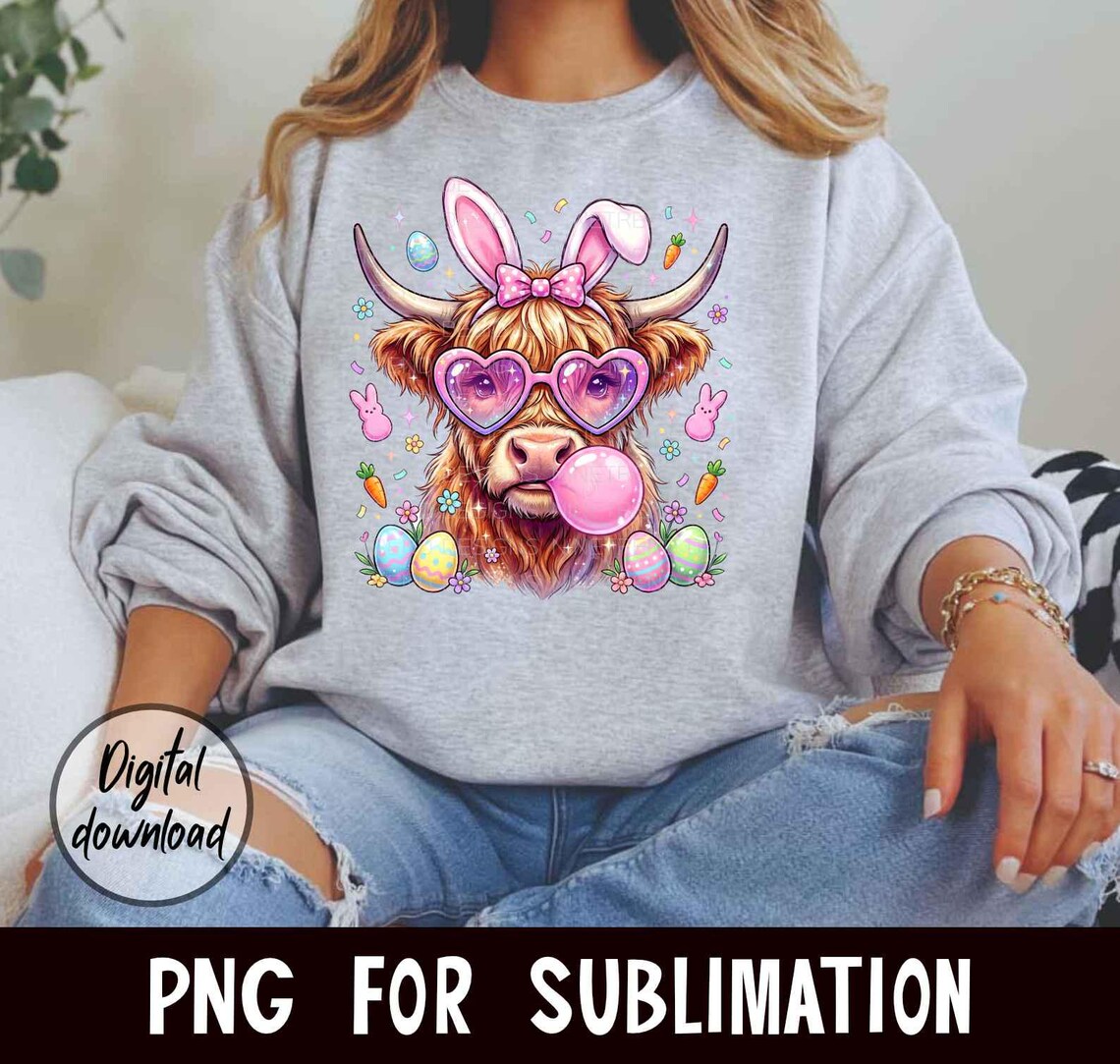 Easter Highland Cow PNG, Bunny Ears Cow Sublimation, Heart Glasses ...