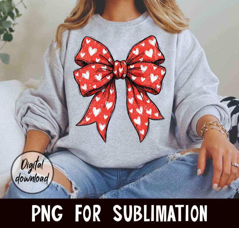 Valentine Hearts Bow PNG, Hand Drawn Valentine Bow Sublimation, Retro ...