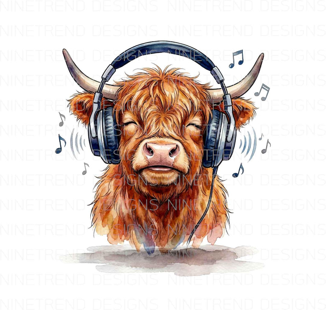 Music Cow PNG, Highland Cow Headphones Sublimation, Cute Cow Listening ...