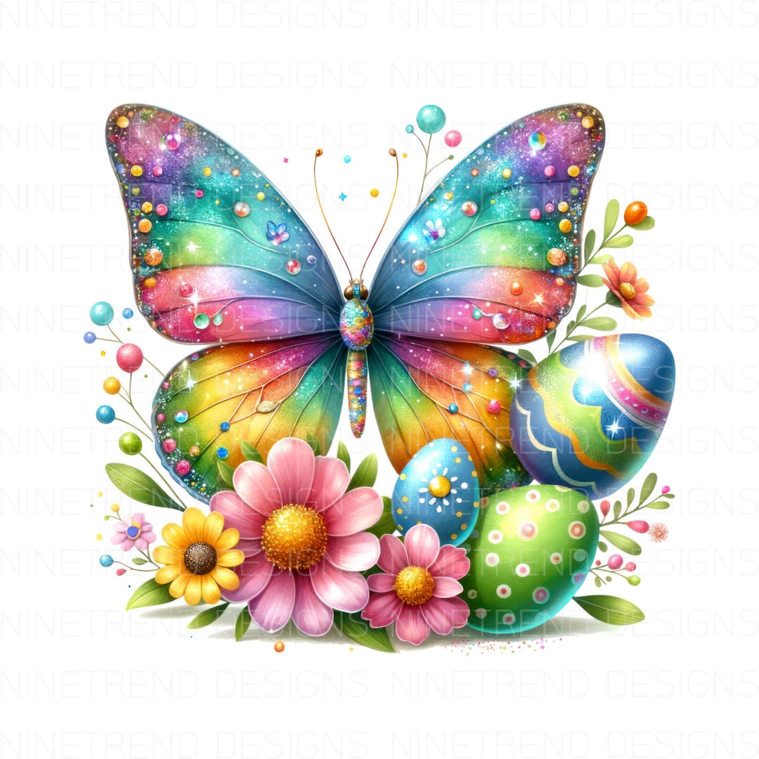 Watercolor Easter Butterfly Flowers Clipart PNG, Butterfly Sublimation ...
