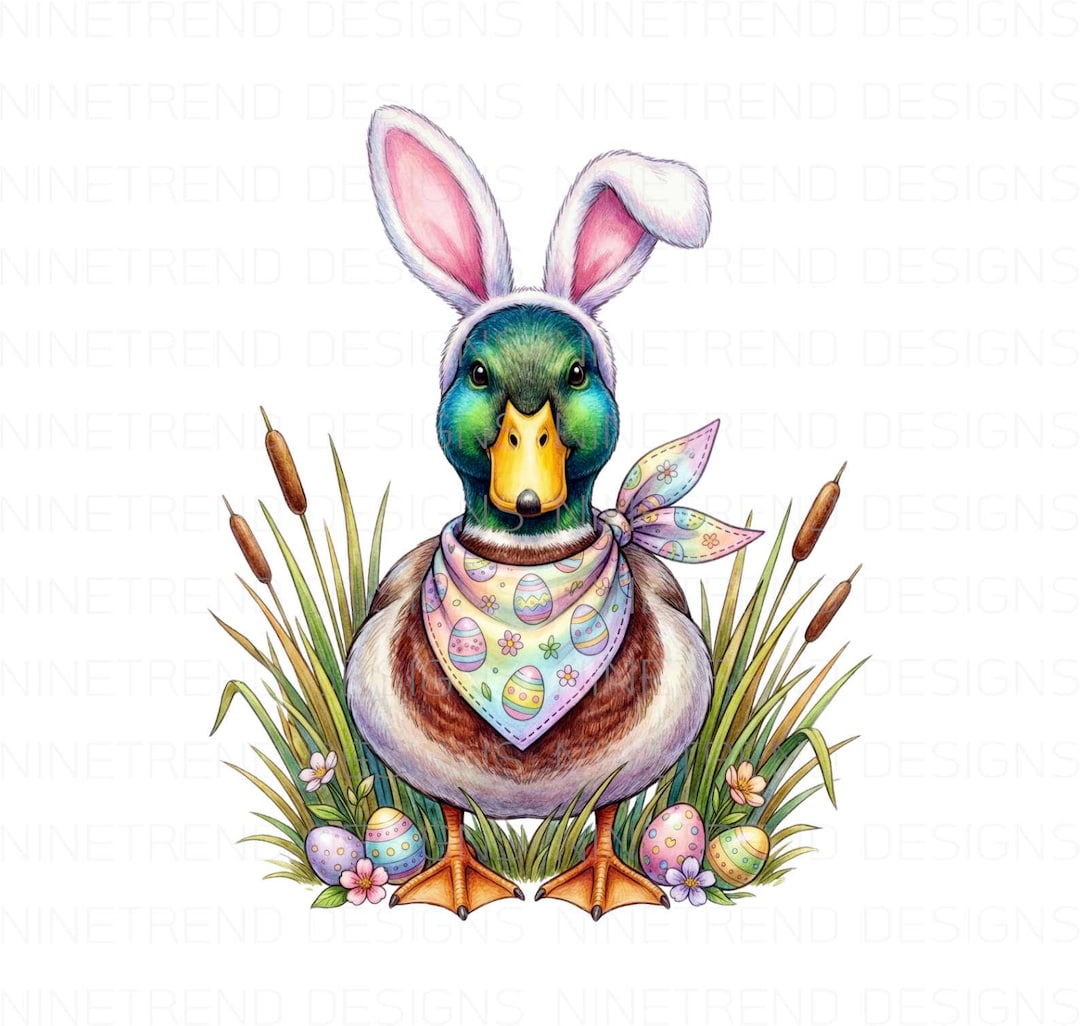 Easter Mallard Duck PNG, Drake Duck Bunny Ears Sublimation, Easter Egg ...