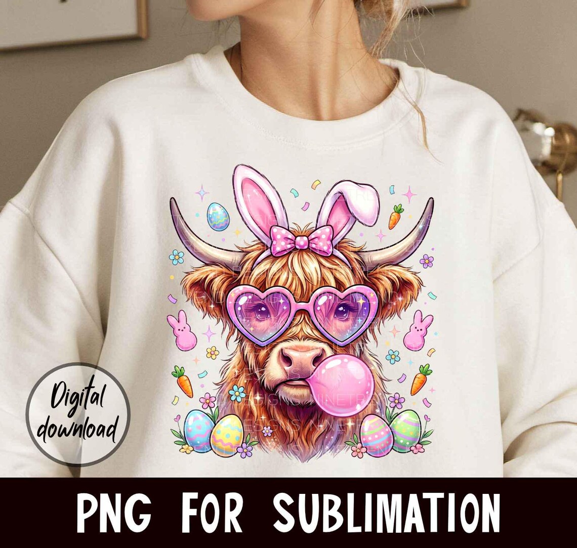 Easter Highland Cow PNG, Bunny Ears Cow Sublimation, Heart Glasses ...