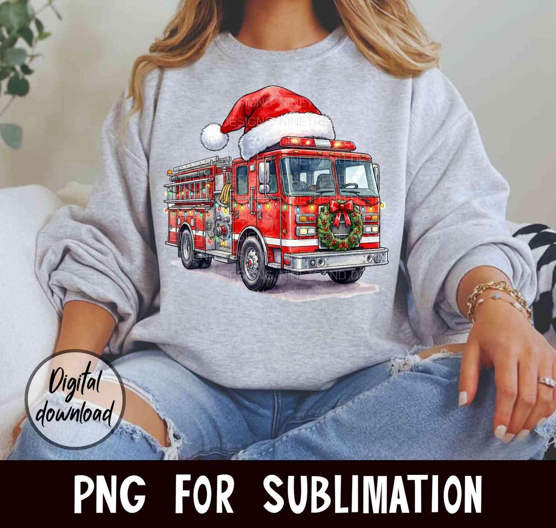Christmas Fire Truck PNG, Firefighter Holiday Sublimation, Santa Hat ...