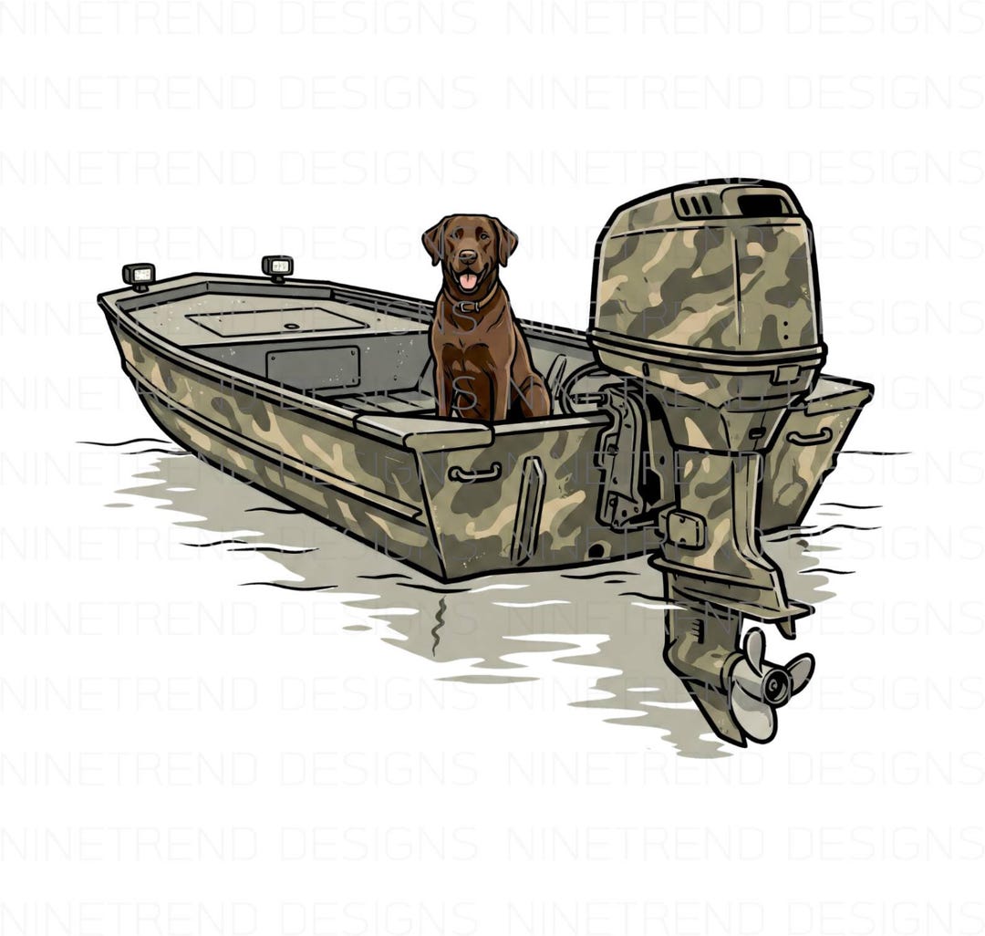 Chocolate Lab Fishing Boat PNG, Labrador Retriever Camo Boat ...