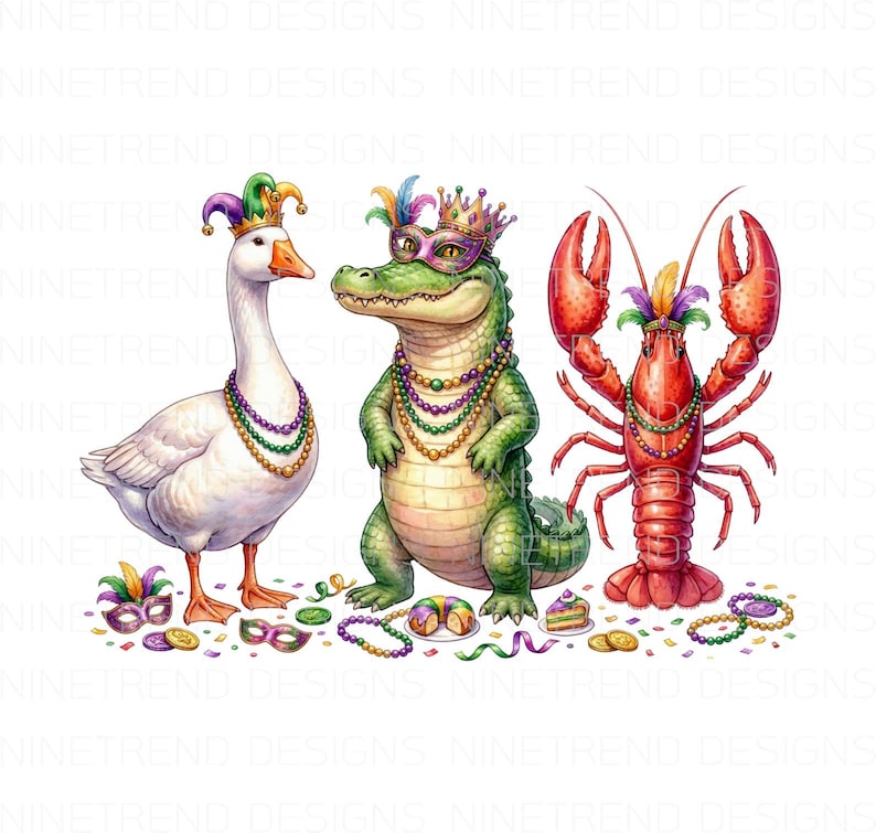 Mardi Gras Bayou Animals PNG, Goose Alligator Lobster Carnival ...