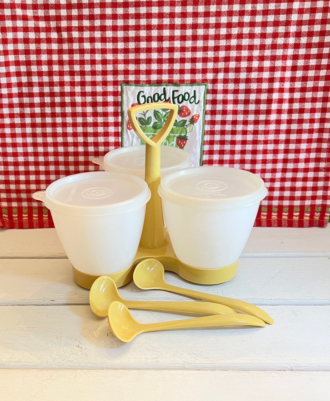 Vintage Tupperware Condiment Caddy Server Set Harvest Gold And Sheer White 757 758 733 And 872