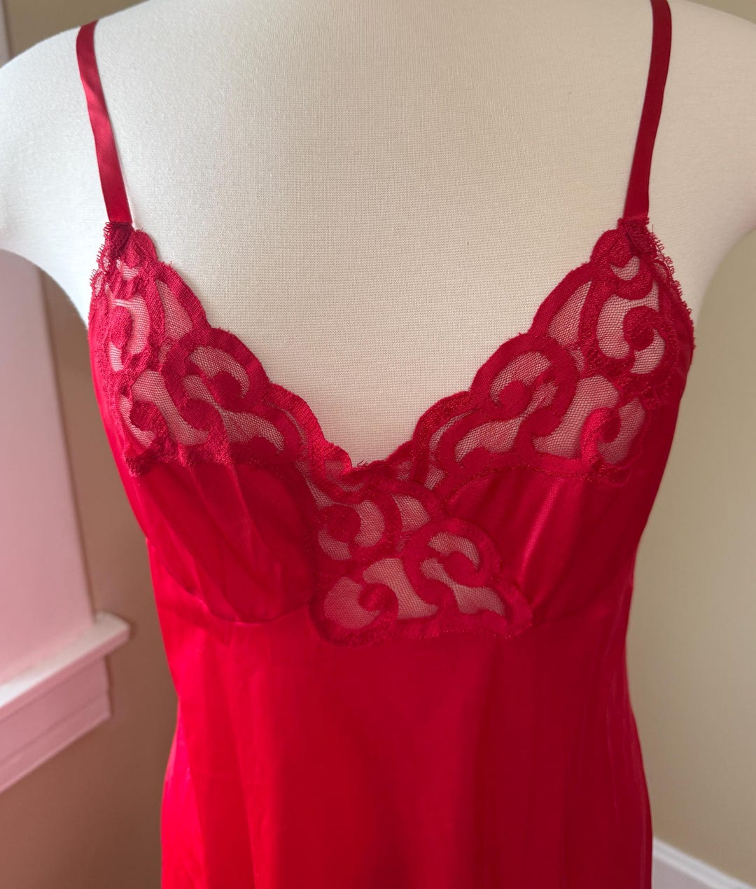 Vintage Red Lacy Dress Slip Sz 38 • Cabernet Lingerie Nightie • Lovely ...