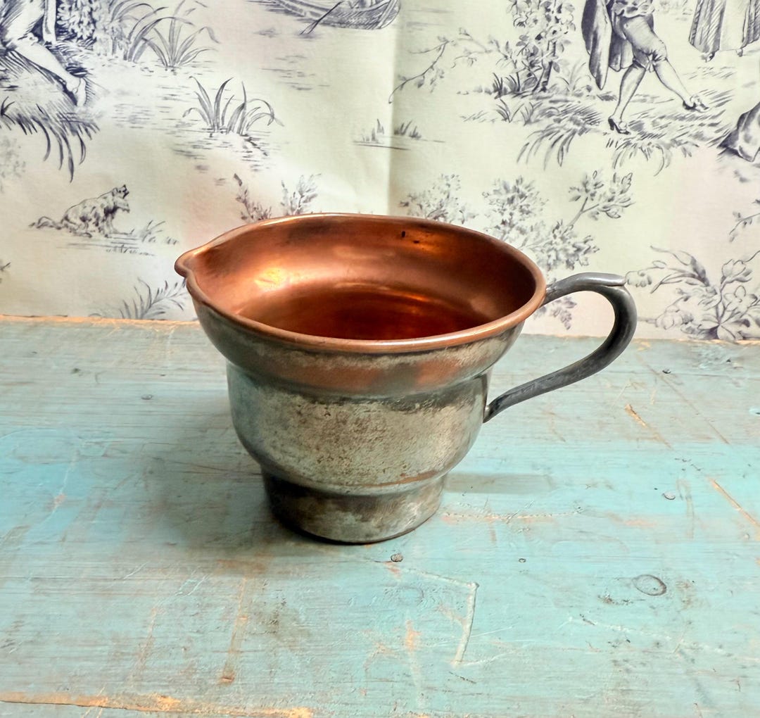 Shabby Vintage Silver on Copper Creamer • Primitive Small Pitcher W ...