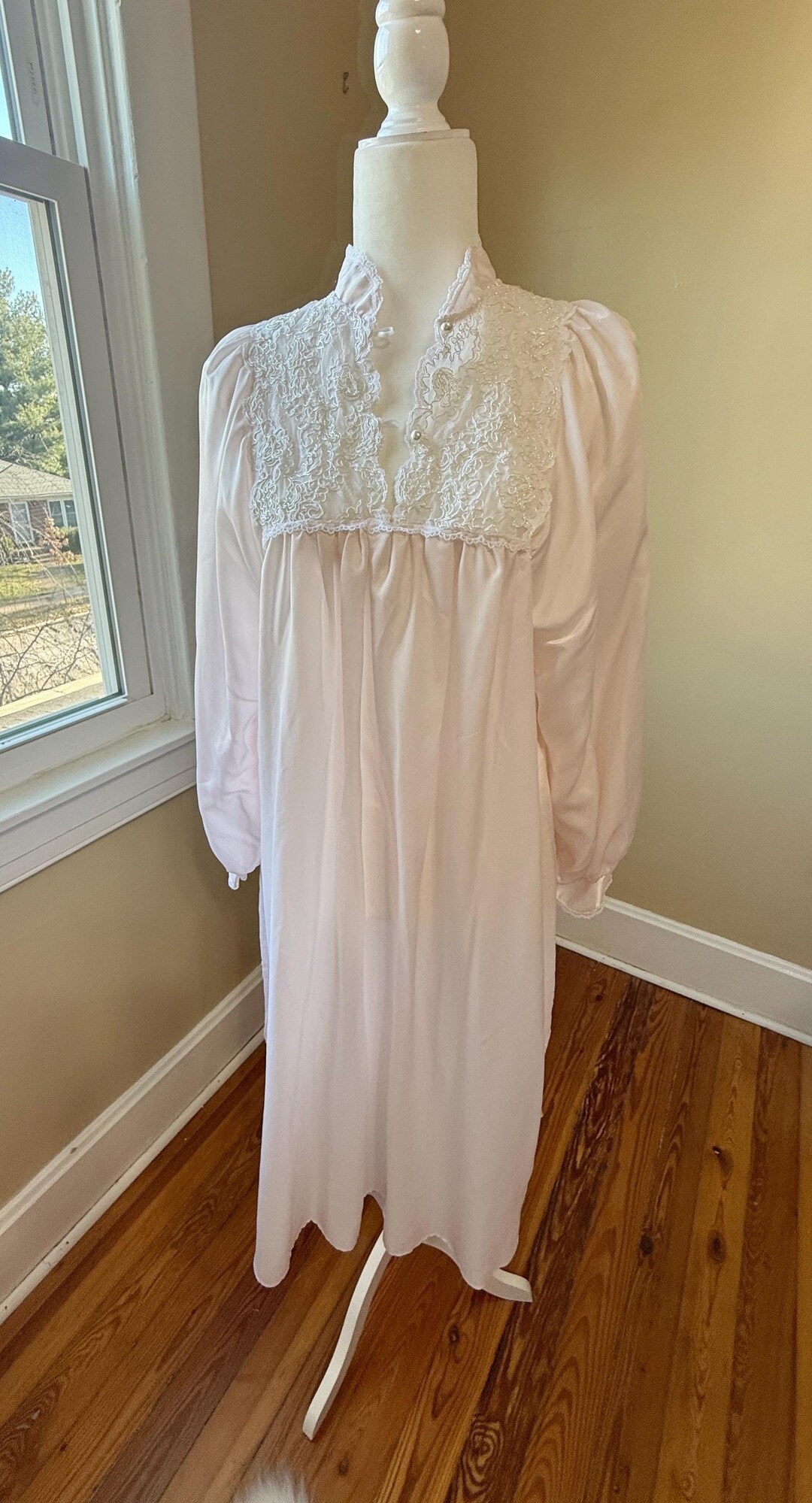 70s Barbizon Sz L Fancy Pink ‘satin Remarque’ Long Nightgown LS • Union ...