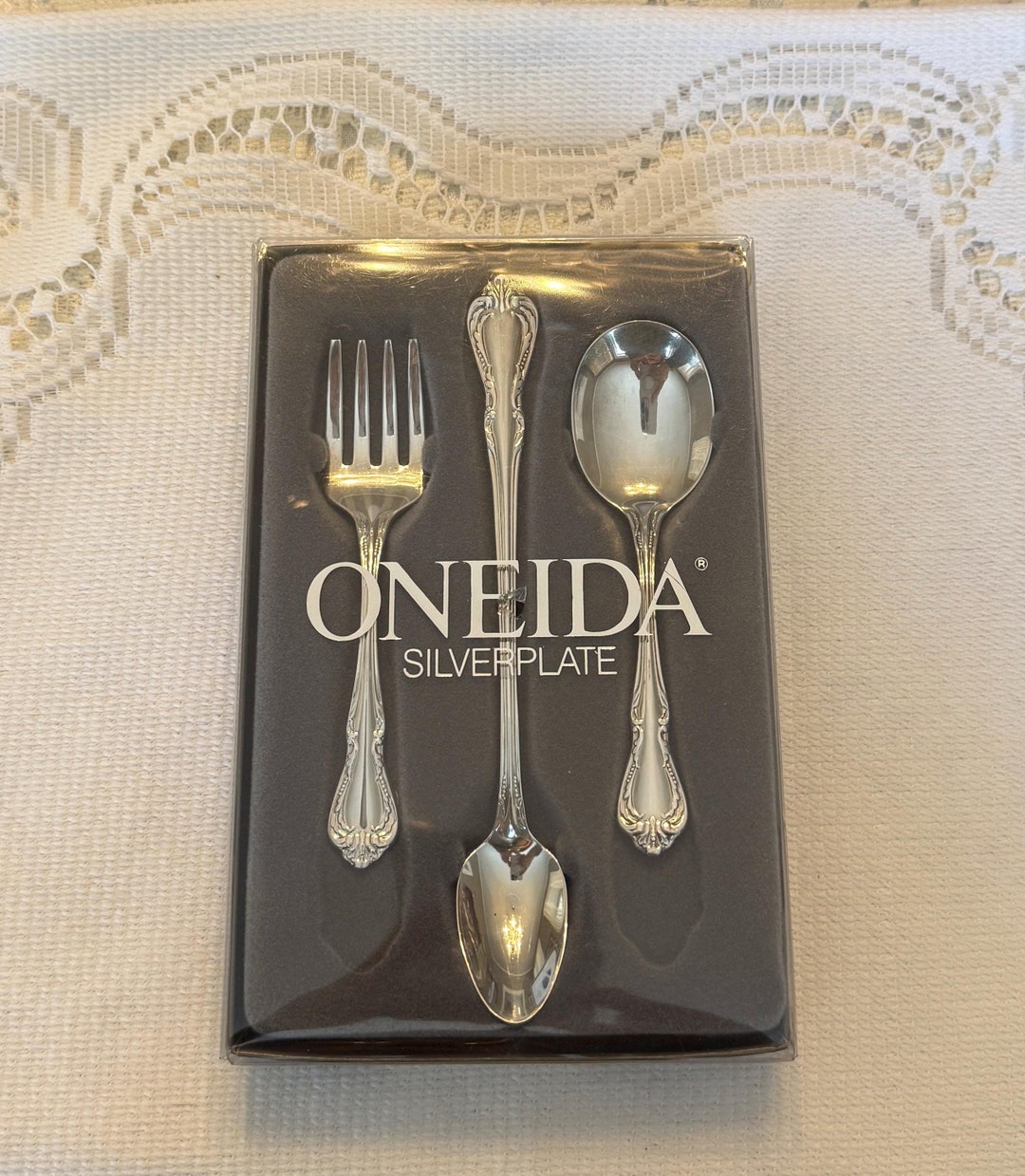Vintage Baby Silver Plate 3 Pc Cutlery Set Original Box Oneida Harmony ...