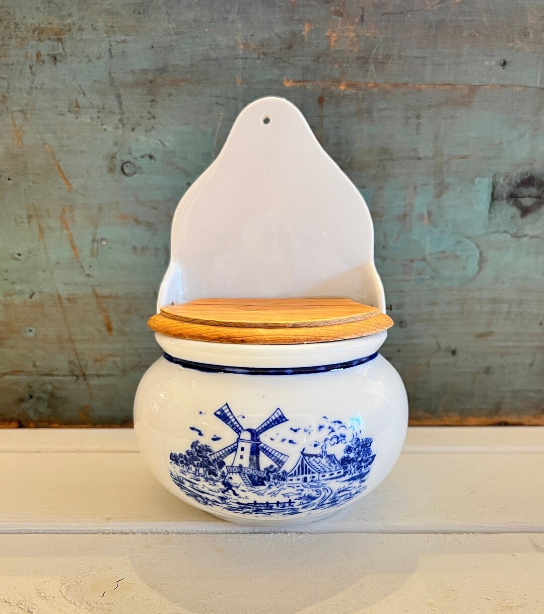 Vintage Salt Box Blue & White Delft Style, Porcelain Dome Storage Jar W ...