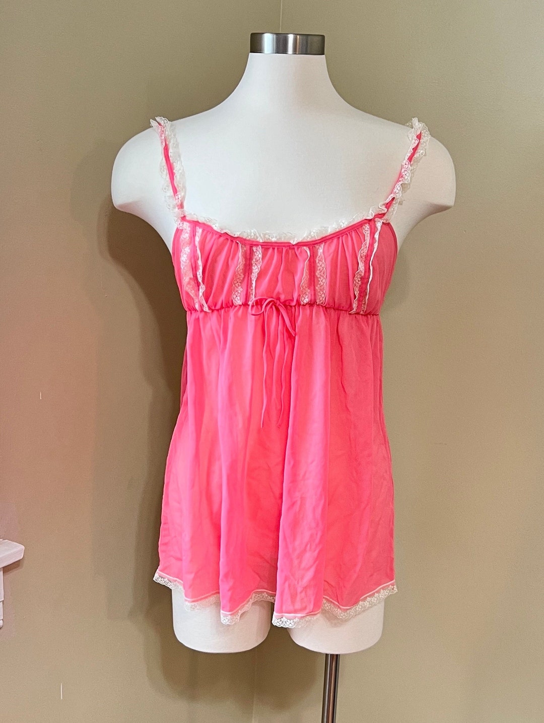 Victoria’s Secret Salmon Pink Sheer Mesh Sz M Babydoll • Lace Trim ...