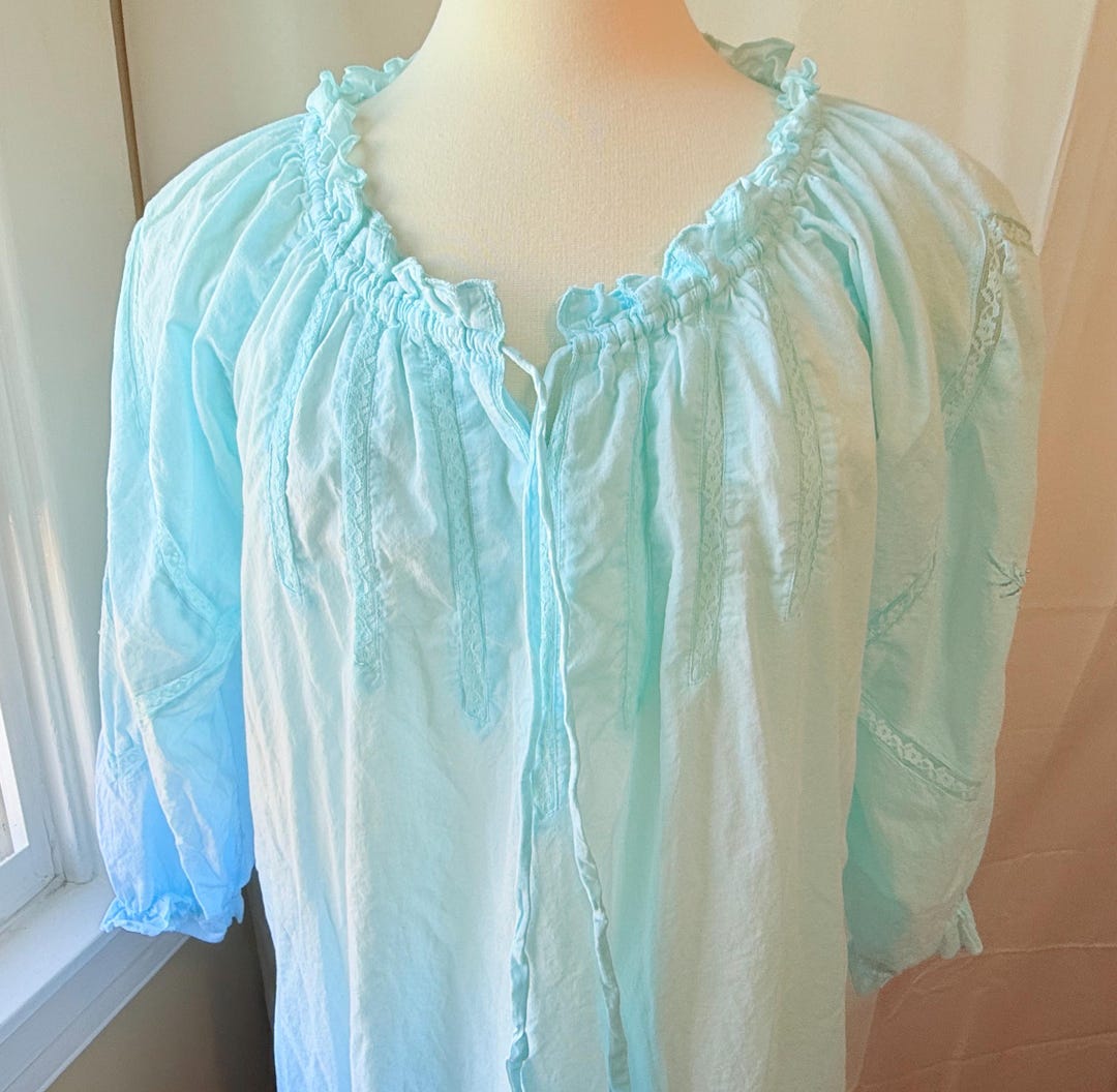 2000s Light Blue Ella Simone Nightgown Sz M Cotton LS Nightie W Gathers ...