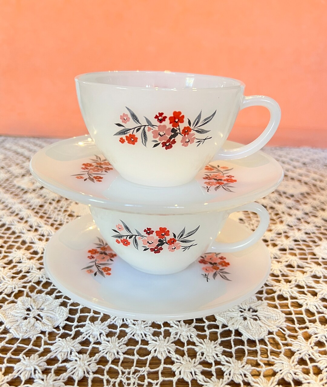 Vintage Fire King Primrose Milk Glass Cups and Saucers- Set of 2 or 1 ...