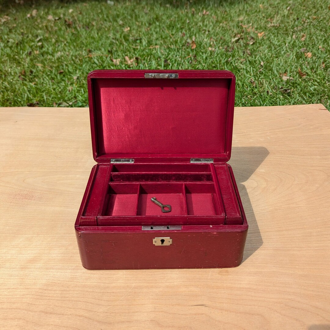 Antique Jewelry Box With Key, Locking Two Tier Vintage Case With Fold ...
