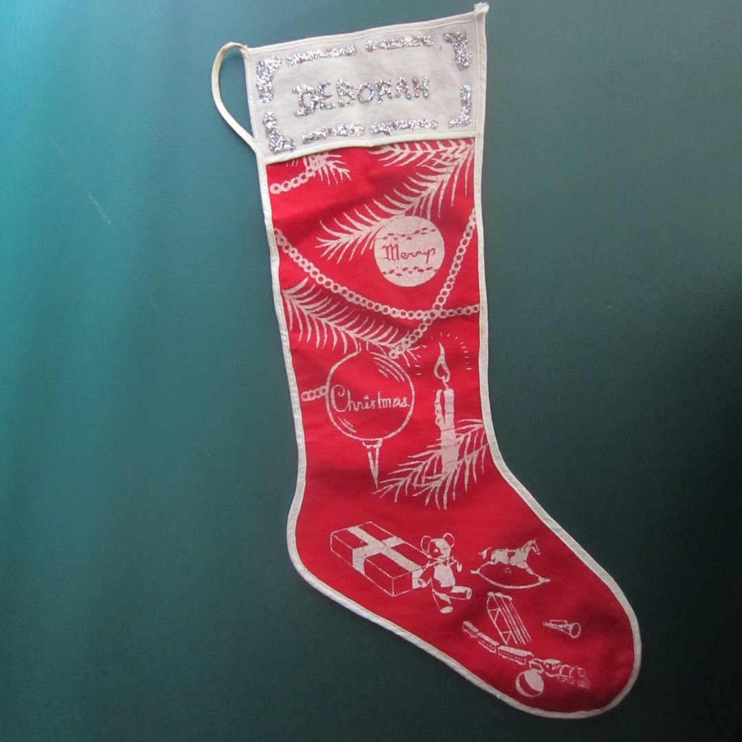 Vintage Christmas Stocking, Red Felt Christmas Stocking, Merry ...