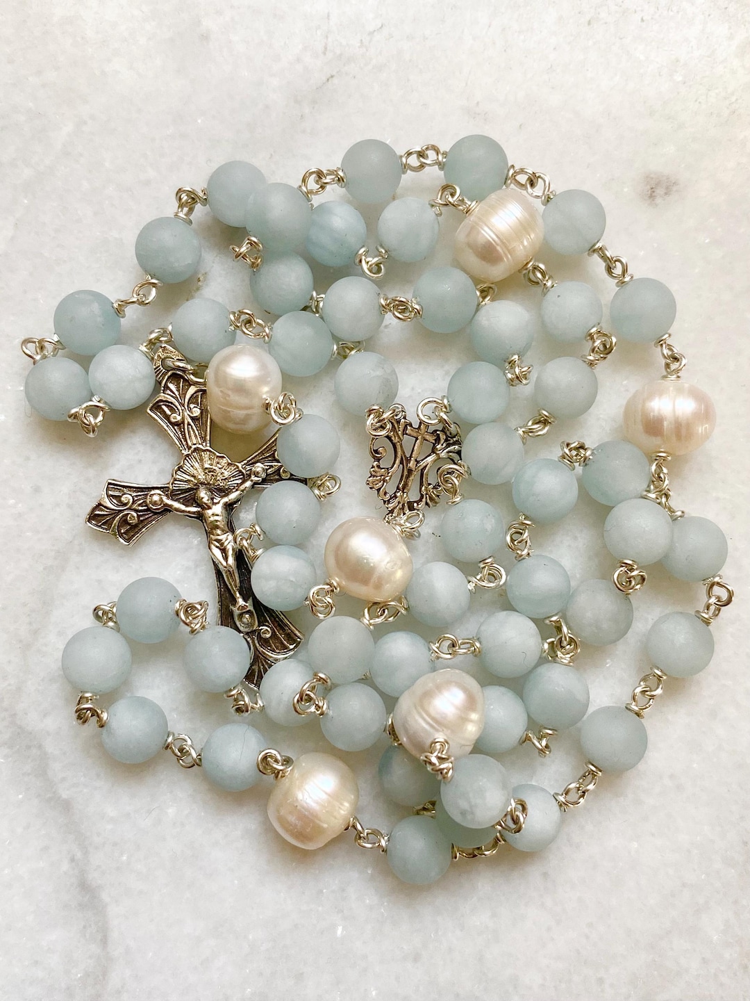 Catholic Rosary - Matte Aquamarine, Pearl, Sterling Silver - Handmade ...
