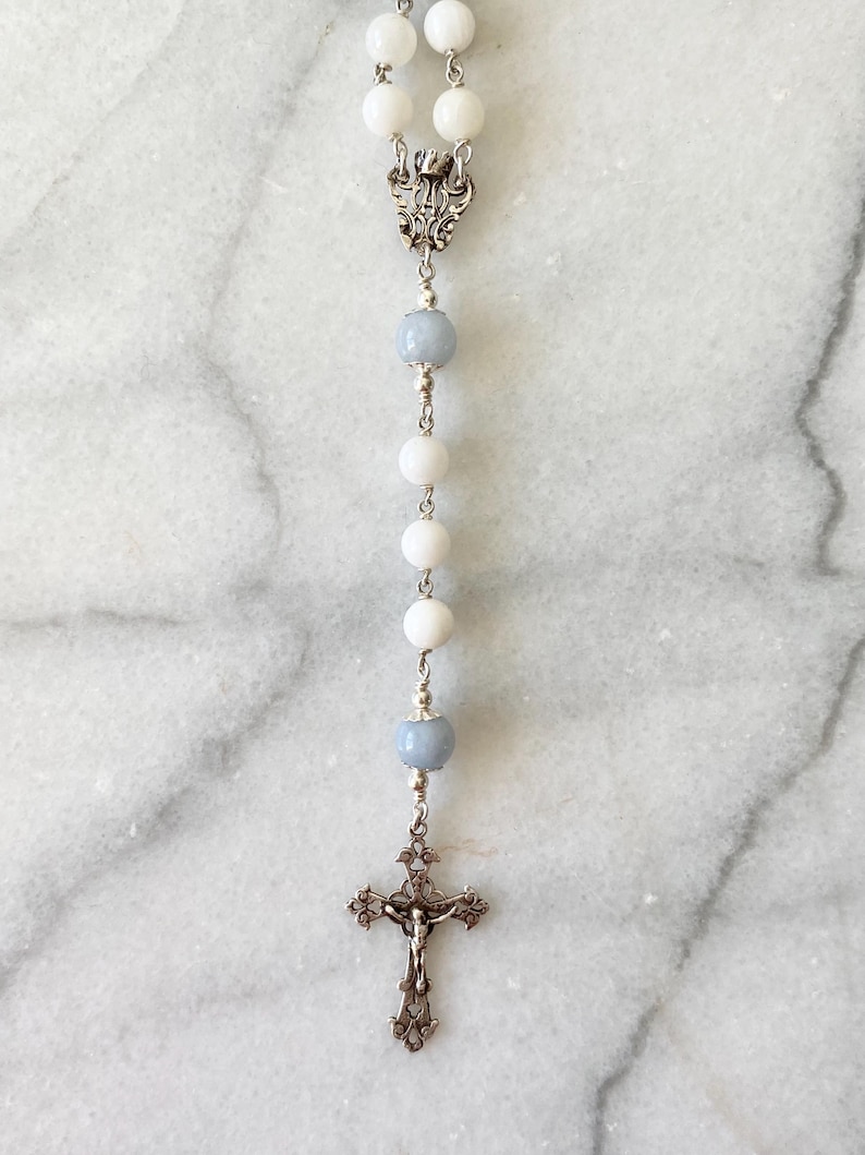 Beautiful Catholic Rosary in Sterling Silver | Blue and White Beads ...