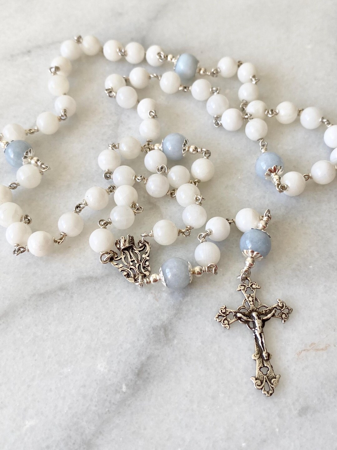 Beautiful Catholic Rosary in Sterling Silver | Blue and White Beads ...