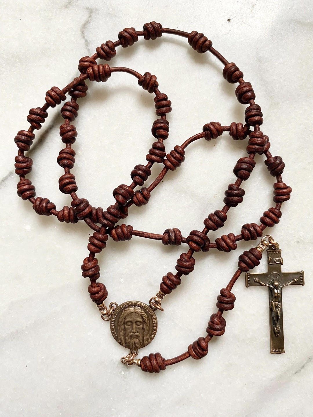 Leather Knotted Rosary - Holy Face of Jesus - Genuine Leather ...