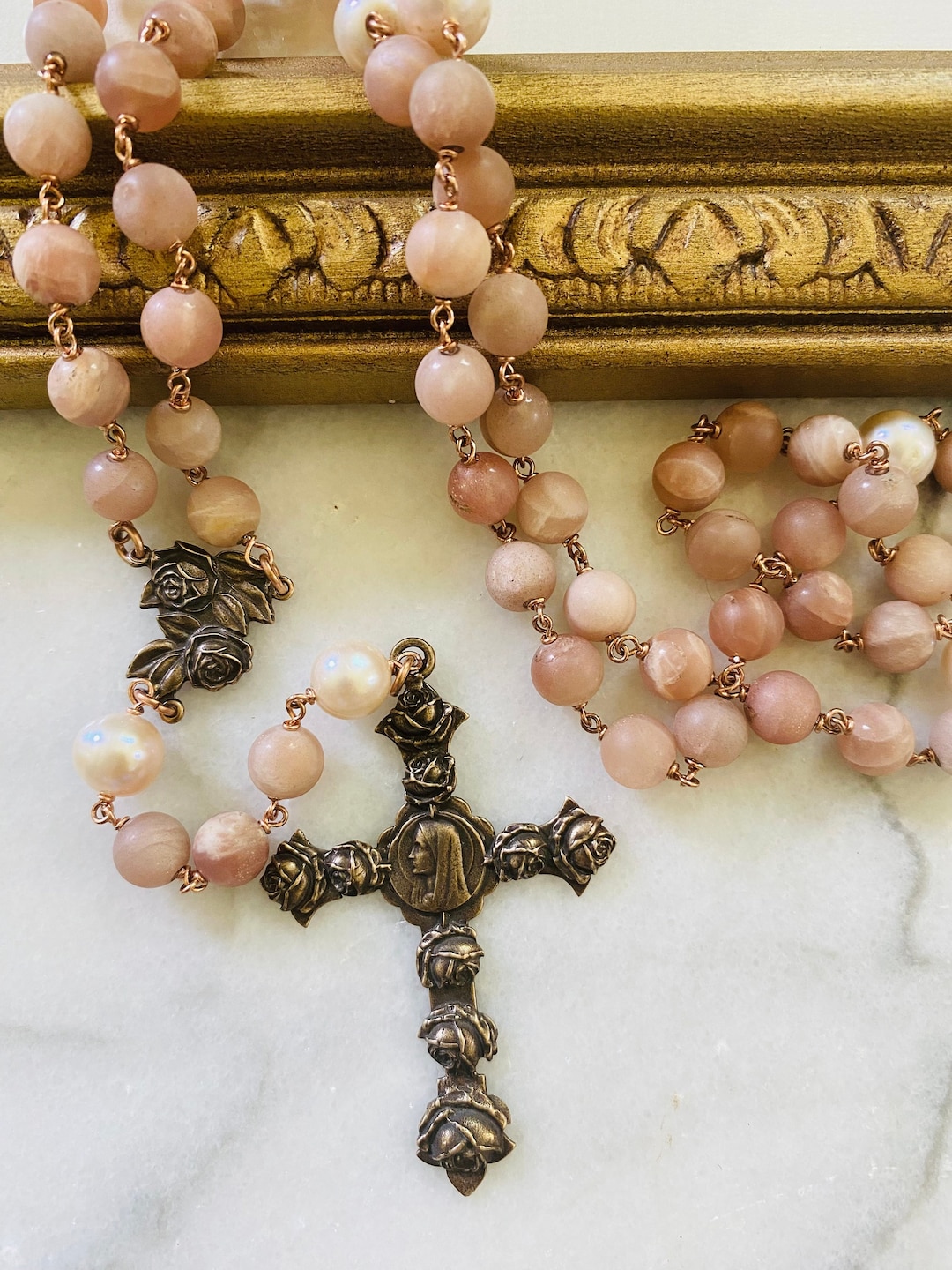 Rosa Mystica Rosary Sunstone Pearl Bronze Handmade Wire Wrapped ...