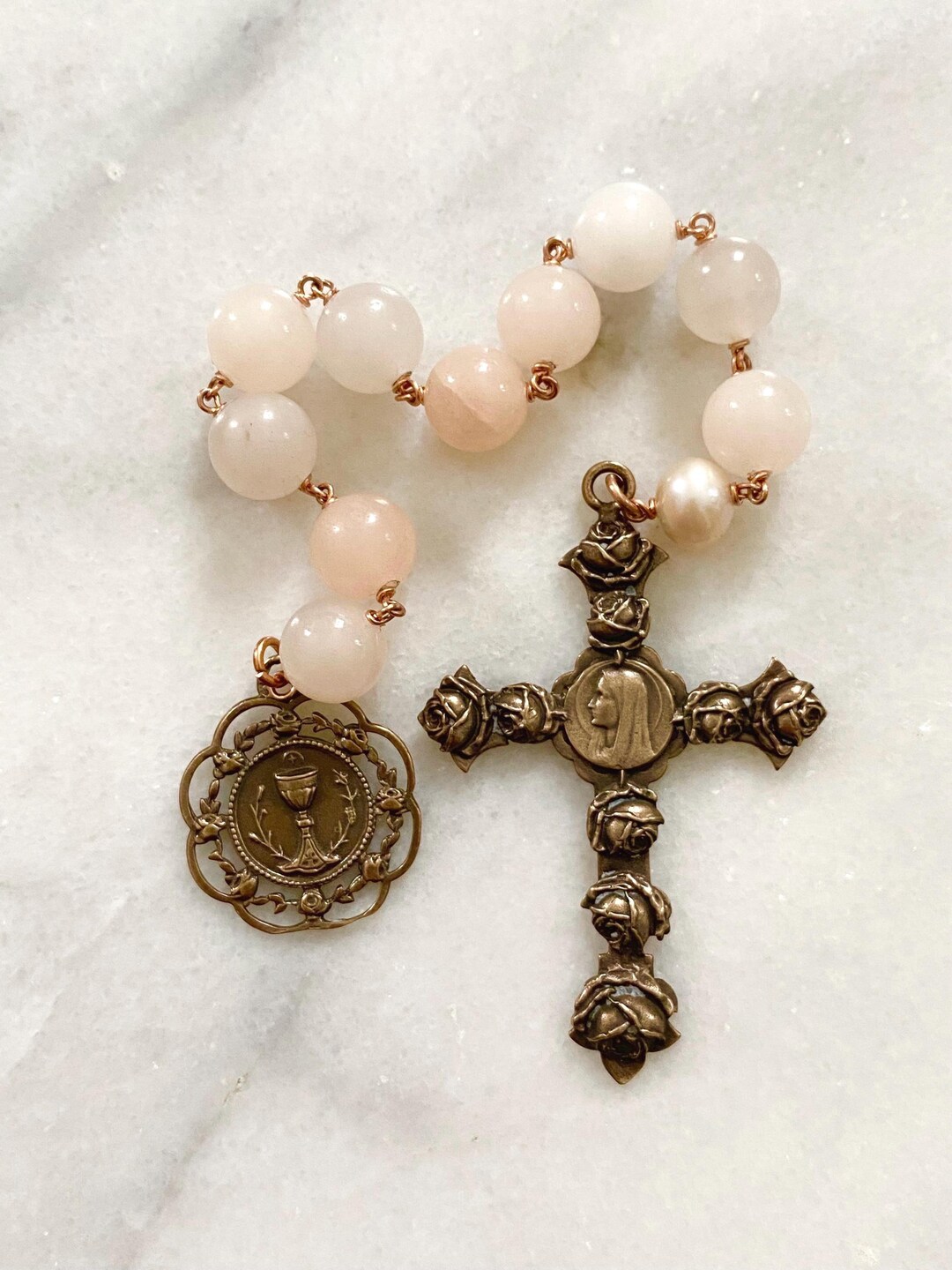 Our Lady of the Eucharist Pocket Rosary - Aventurine - Pearl - Bronze ...