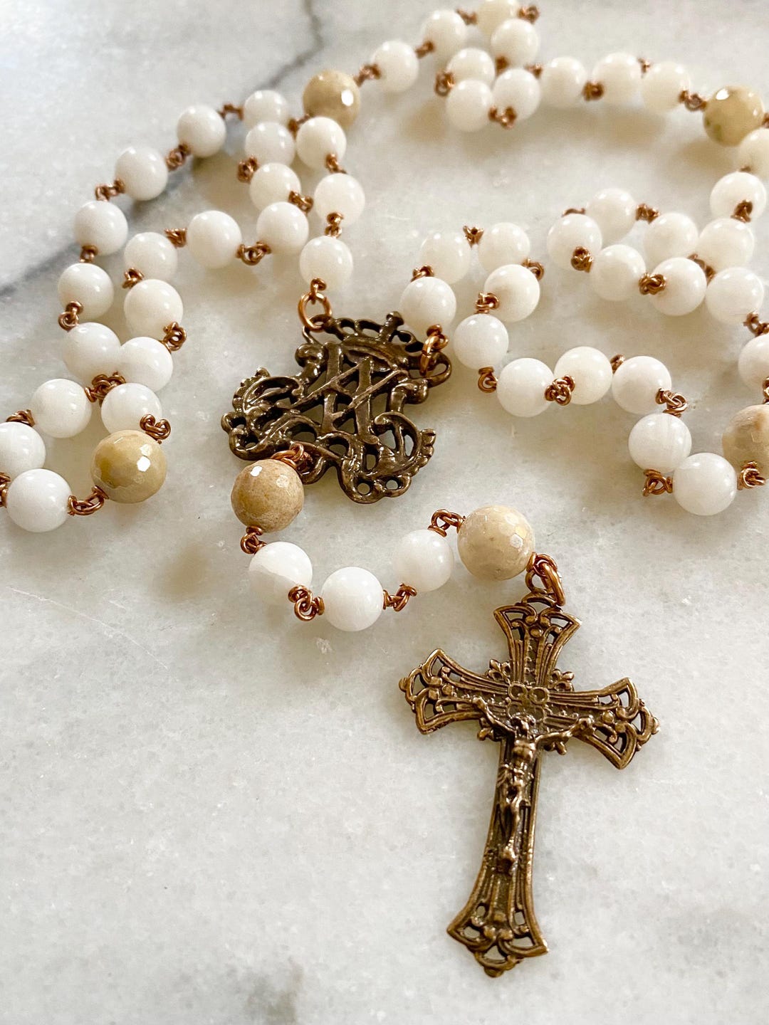 Mother of Pearl Rosary - Jade - Bronze - Bridal Bride Rosary - Marian ...