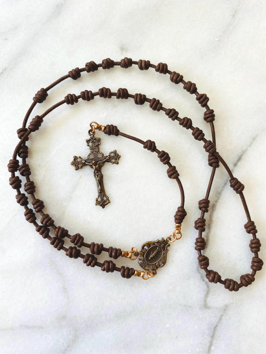 Knotted Leather Rosary - Genuine Leather - Hand-knotted - Bronze Medals ...