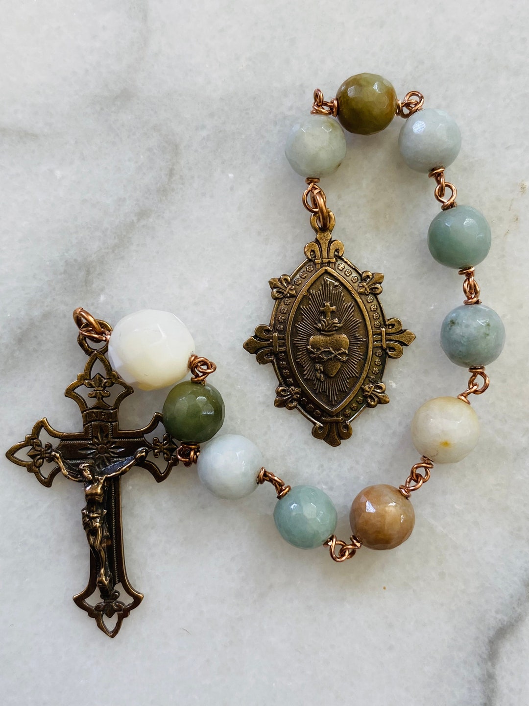 Sacred Heart Single Decade Rosary Amazonite Bronze Handmade Wire ...
