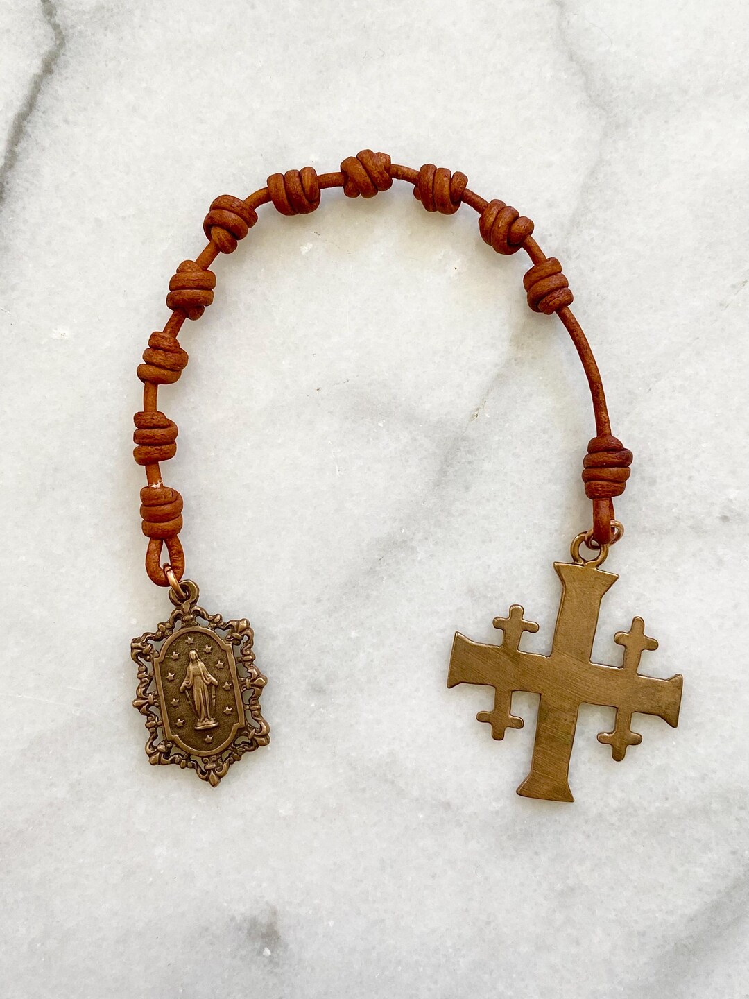 Leather Knotted Single Decade Pocket Rosary Tenner - Miraculous Medal ...