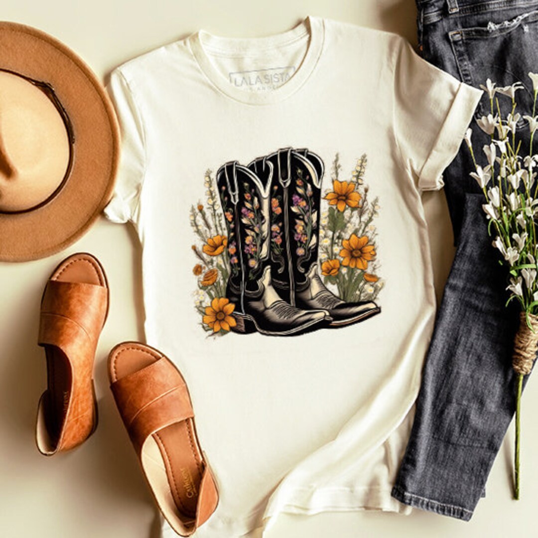 Cowboy Boots With Flowers Graphic T Shirts/western Boots/ Western ...