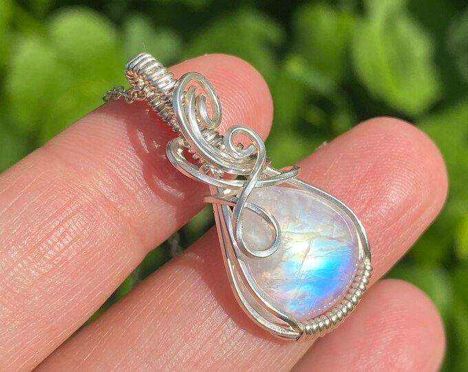Blue Moonstone Necklace, Sterling Silver Wire Wrap Pendant, Divine ...