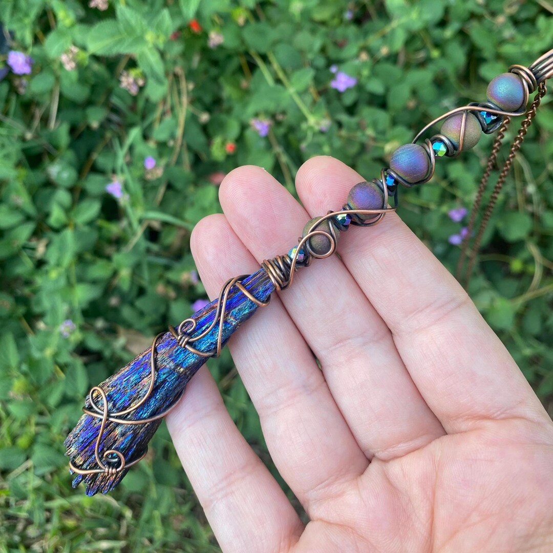 Wire Wrap Broom Necklace, Halloween Jewelry, Aura Kyanite Broom Wand ...