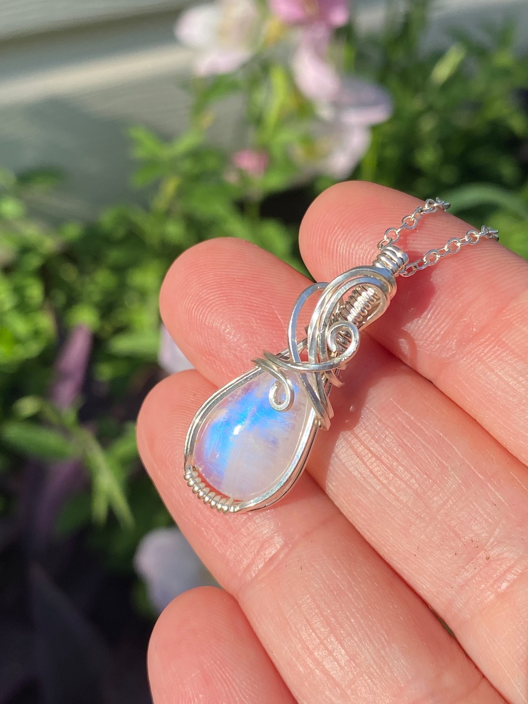 Blue Moonstone Necklace, Sterling Silver Wire Wrap Pendant, Mothers Day ...