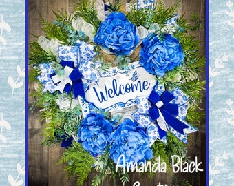 Chinoiserie Cottage Wreath, Everyday Front Door Wreath, Spring Summer ...