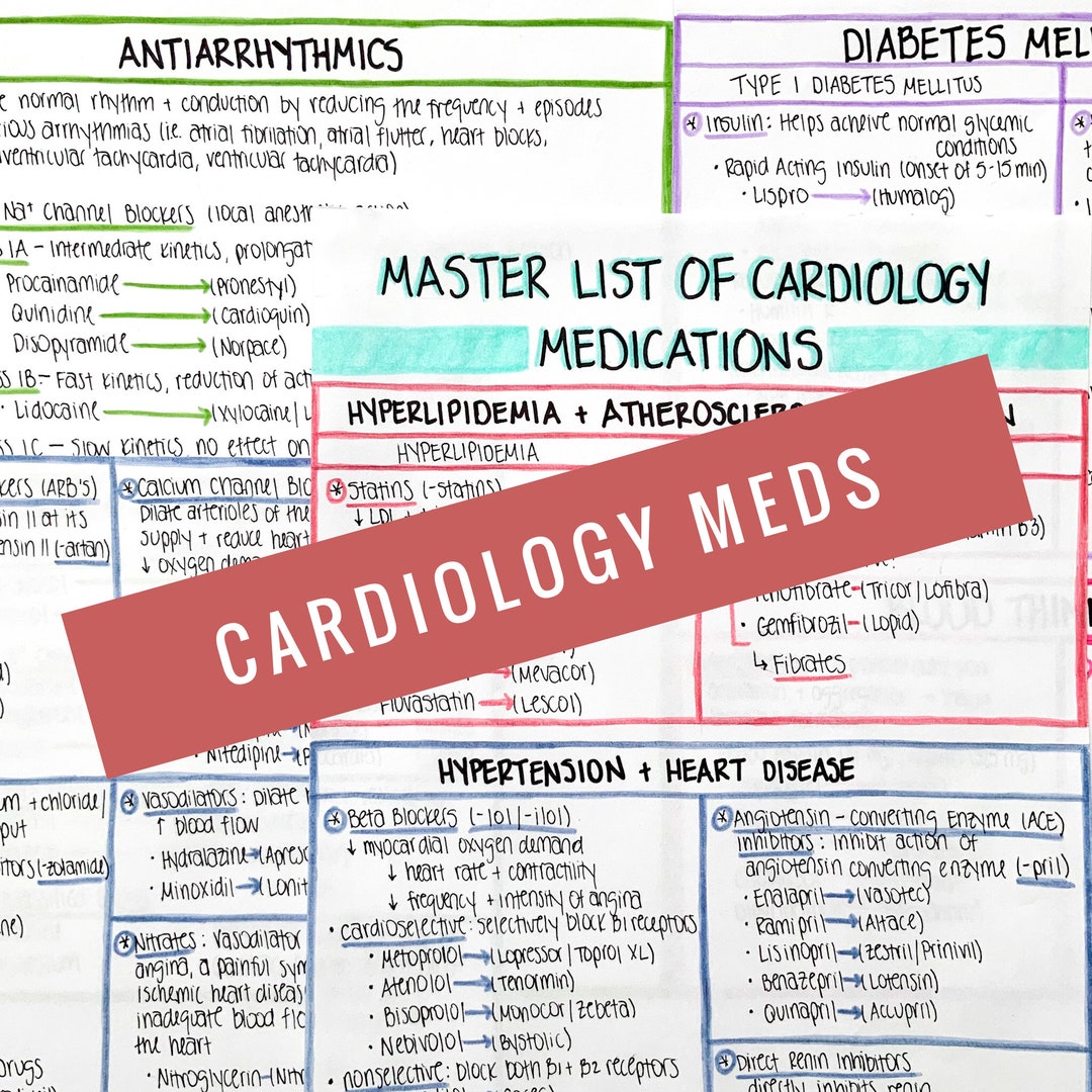 Master List of Cardiology Medications Study Sheets, Pharmacology ...