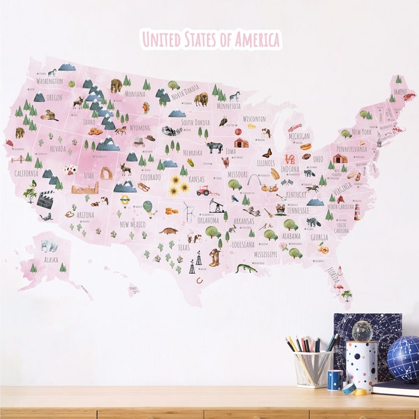 Us Map Wall Decal | Illustrated Map of United States - Etsy