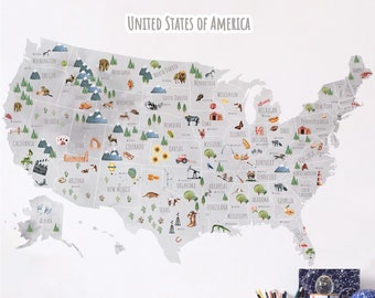 US Map Wall Decal United States of America Sticker Peel and Stick Kids ...