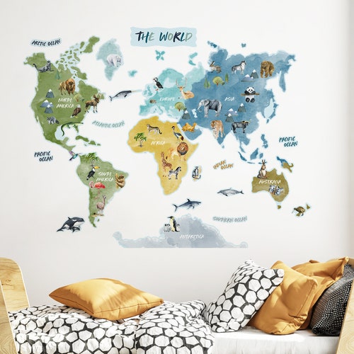 Kids World Map Wall Decal Animal World Map Wall Sticker - Etsy