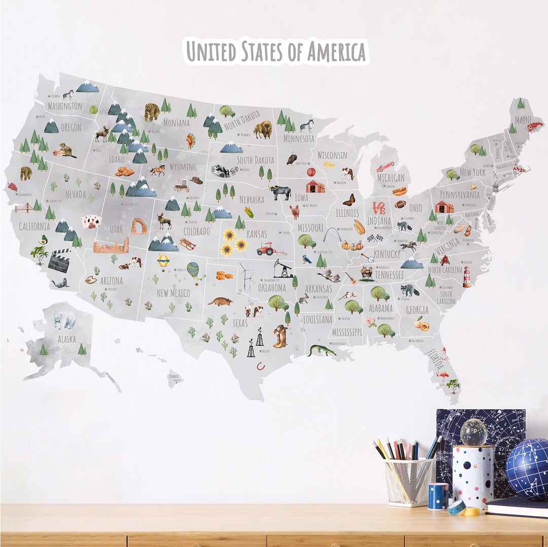 Kids Map of America Wall Decal Illustrated USA Map Decal Large 50 ...