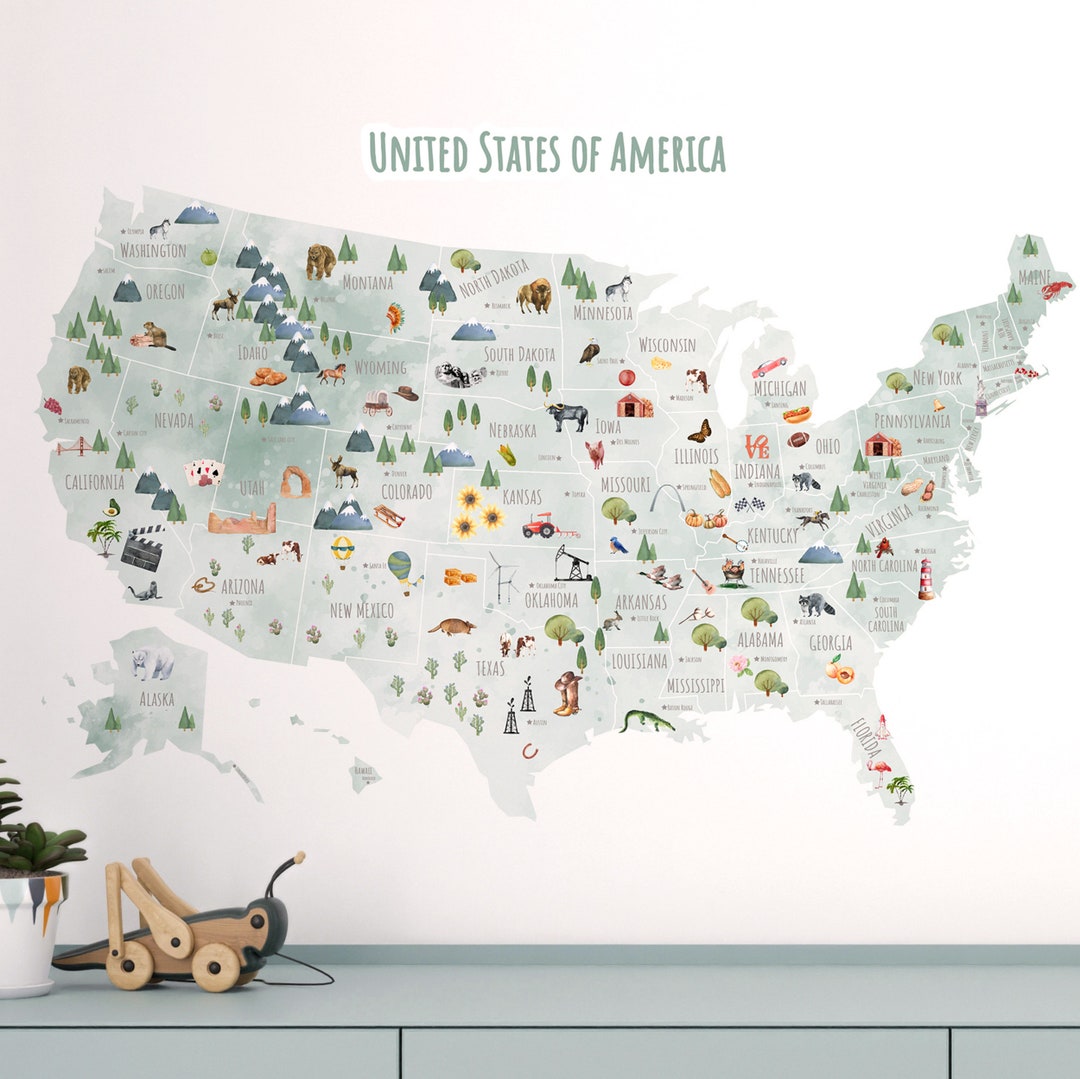 Kids US Wall Map | USA Map Wall Decal | Map of United States Peel ...