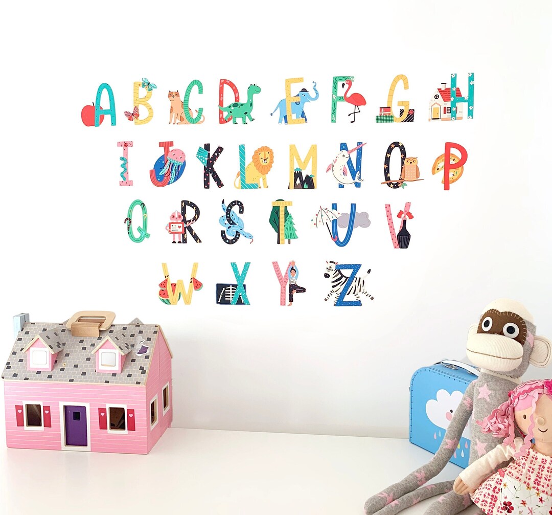 Alphabet Wall Decal, Kids ABC Wall Stickers, Illustrated Letter Decals ...