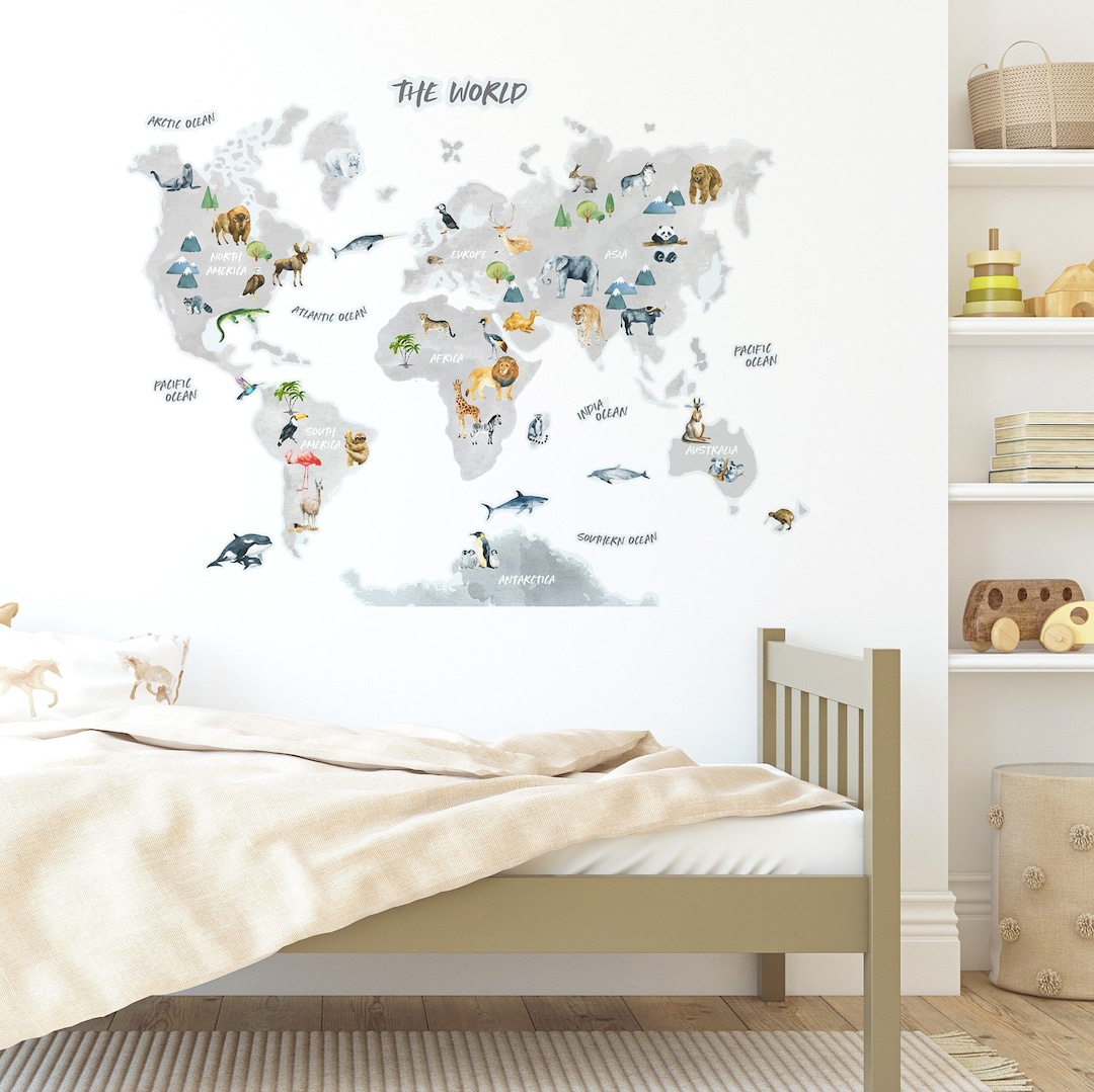 World Map Wall Sticker | World Map Decal Kids | World Map Animals ...