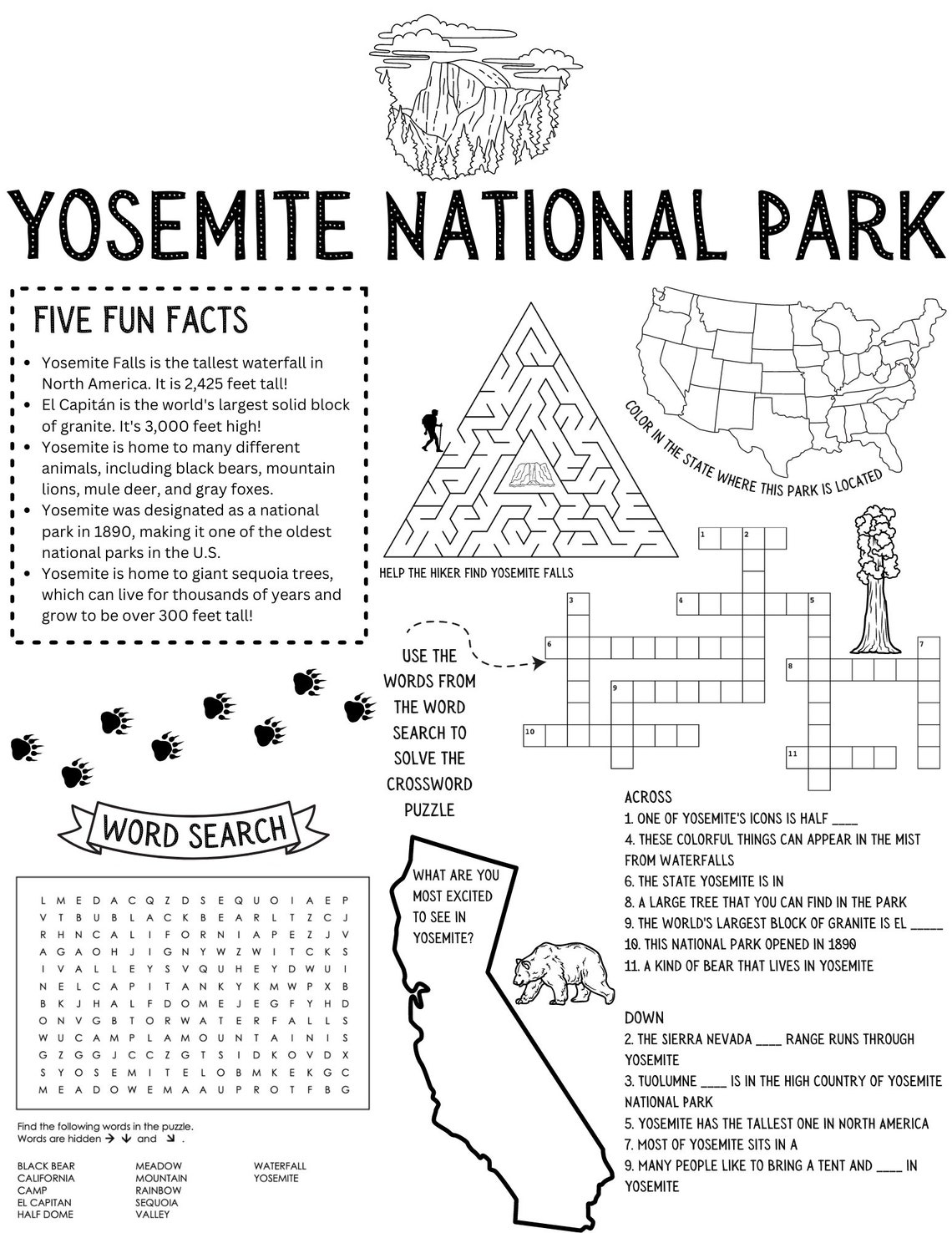 Yosemite National Park Kids Activity Sheet - Etsy