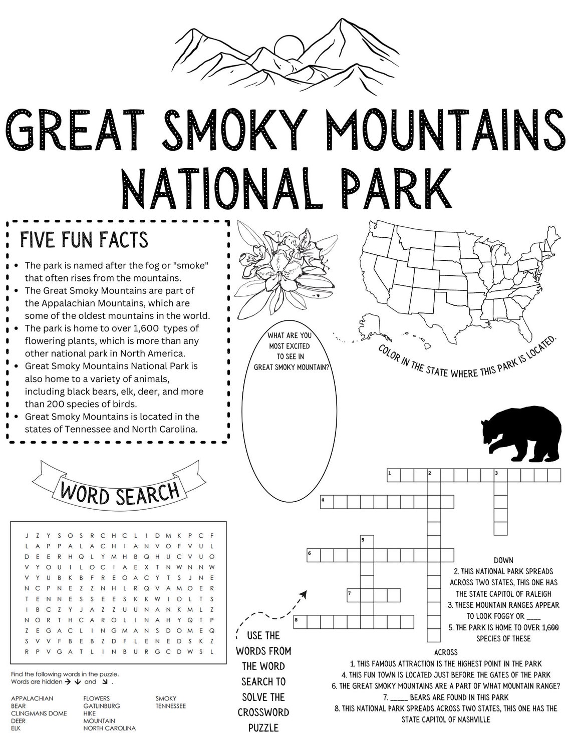 Great Smoky Mountains National Park Kid's Activity Sheet - Etsy