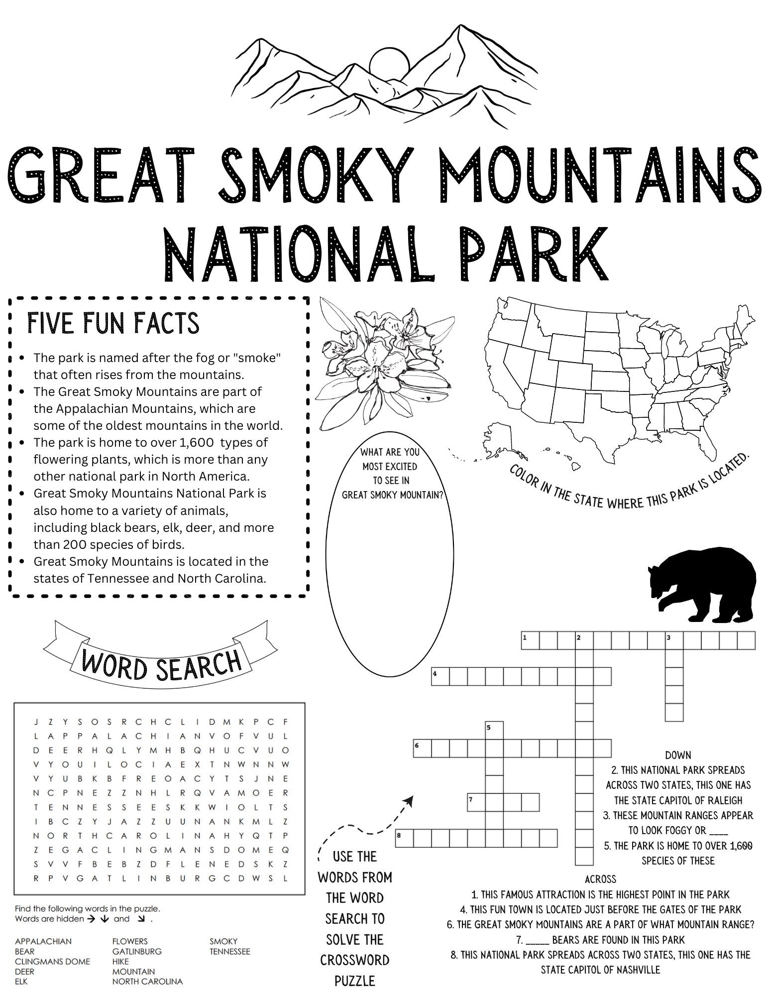 Great Smoky Mountains National Park Kid's Activity Sheet - Etsy