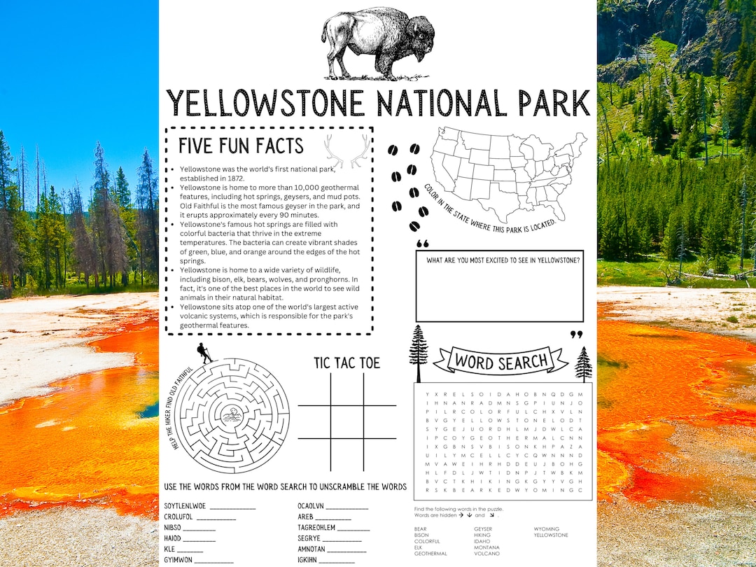 Yellowstone National Park Kid's Activity Sheet - Etsy