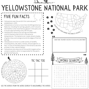 Yellowstone National Park Kid's Activity Sheet - Etsy