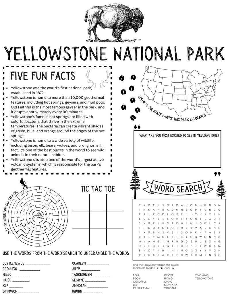 Yellowstone National Park Kid's Activity Sheet - Etsy